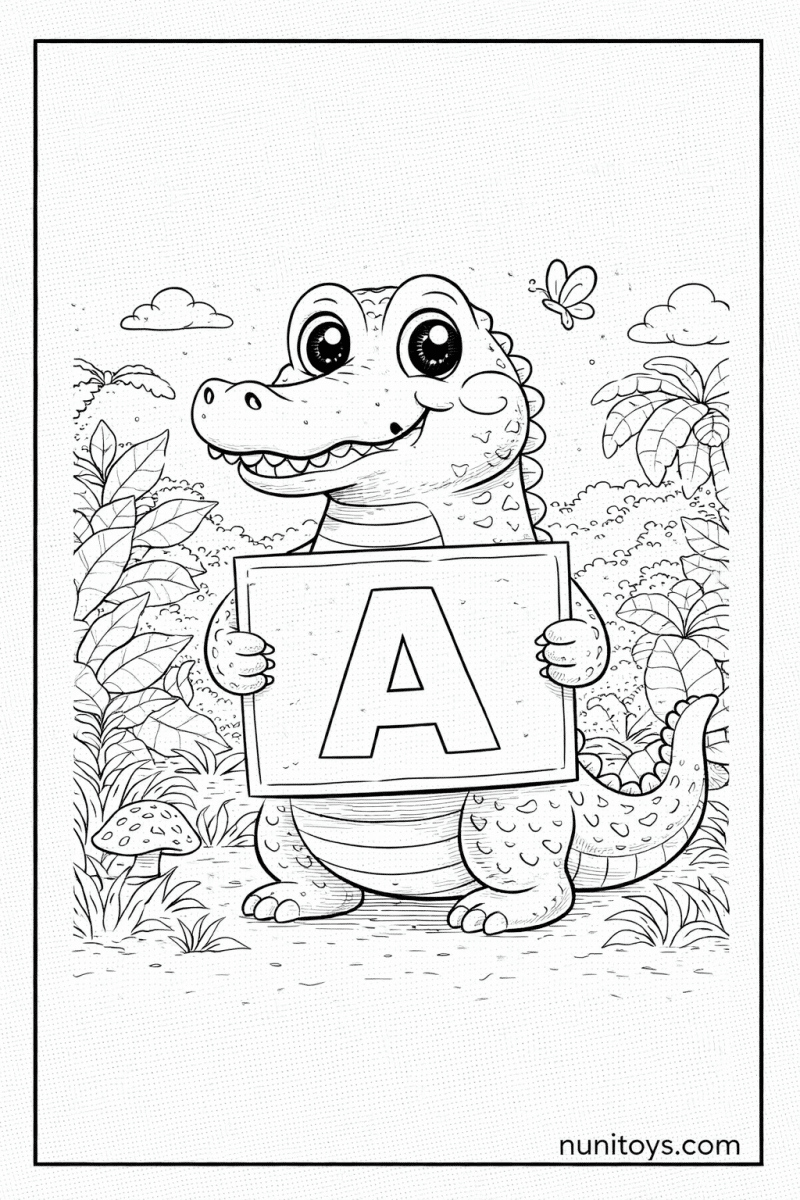Cute Alligator Letter A Coloring Page - Instant Download PDF