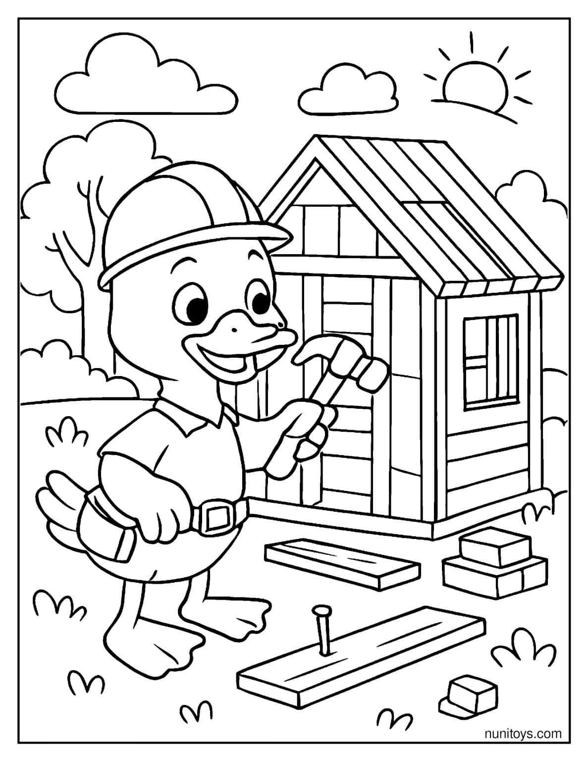 Builder Duck Hammering Wood Near a Small Shed Coloring Page - nunitoys