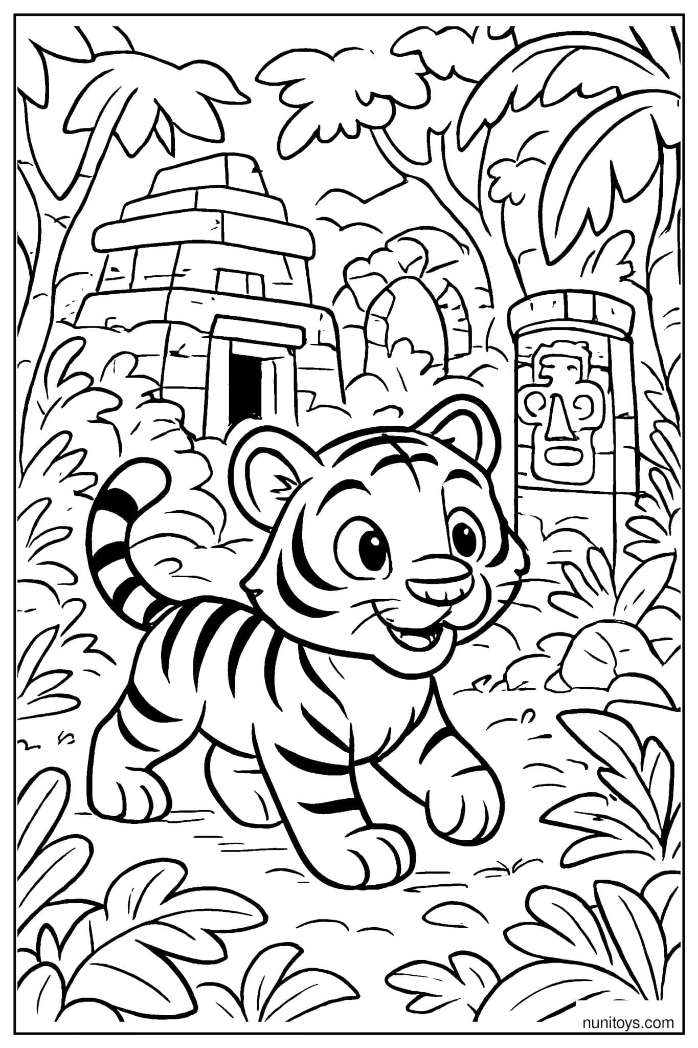 Tiger in Ancient Jungle Ruins Coloring - Free PDF Download