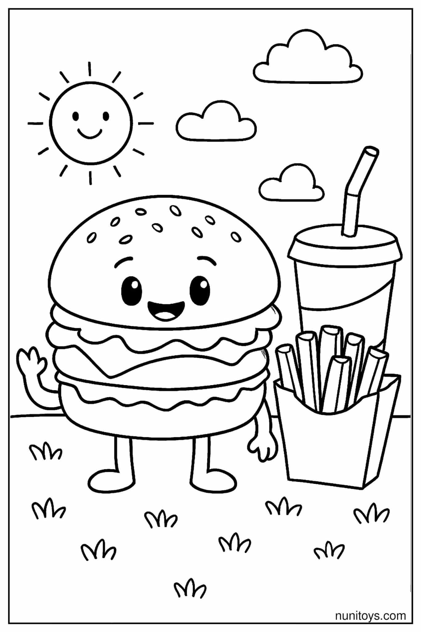 Smiling Burger Coloring Page with Fries - Free PDF Download