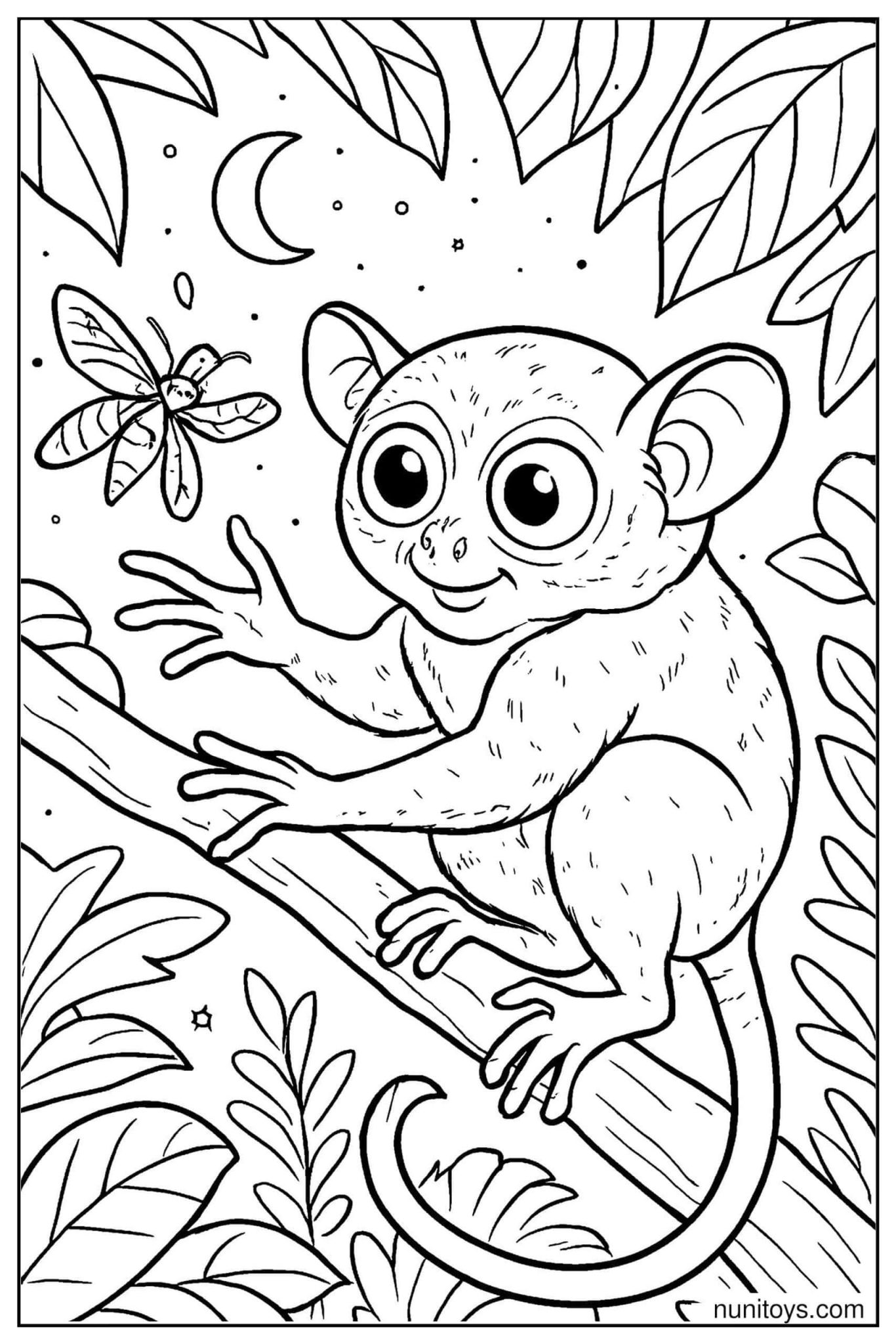 Night Jungle Coloring Page with Tarsier - Free PDF