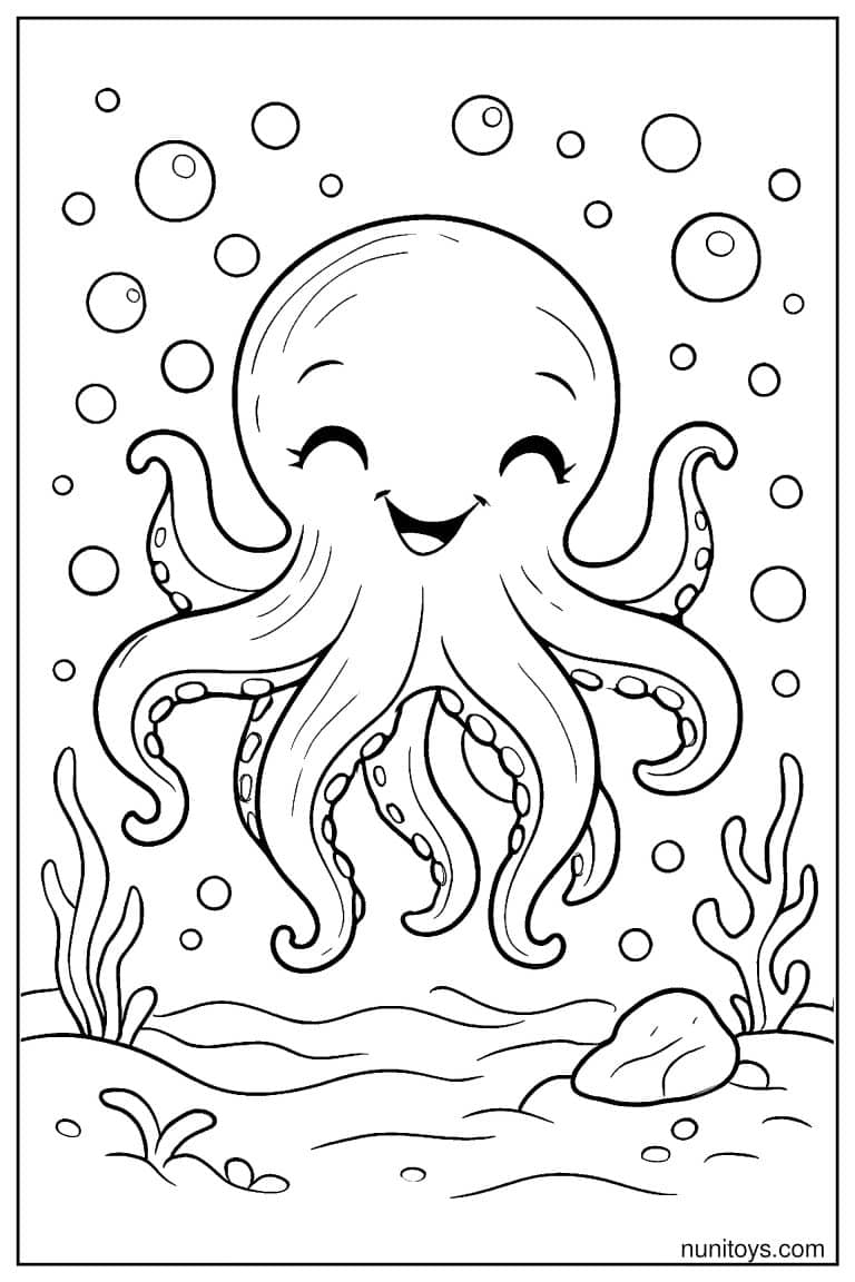 Smiling Dumbo Octopus Coloring Page in Bubbles - Free PDF