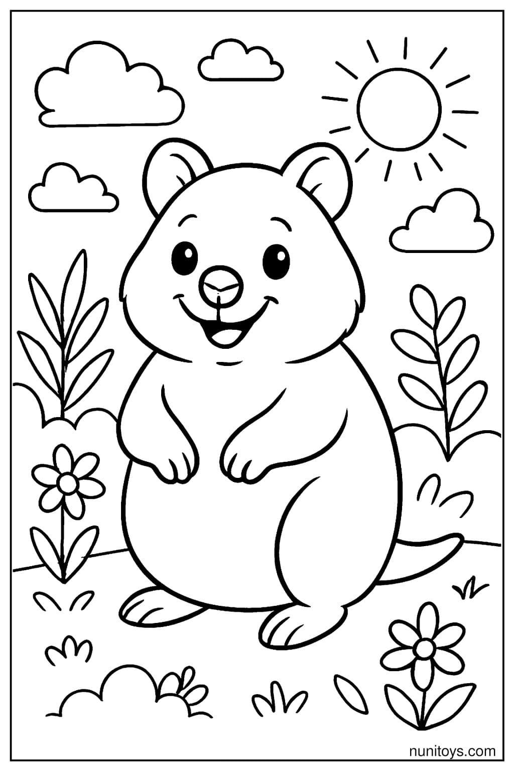 Smiling Quokka with Round Body: Easy Coloring Page - nunitoys