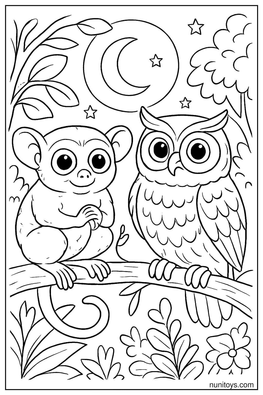 Night Jungle Tarsier and Owl Coloring Page - Free PDF