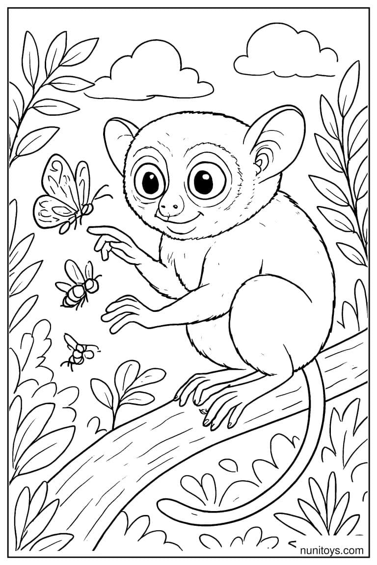 Tarsier Reaching Toward Butterfly Coloring Page - Free PDF
