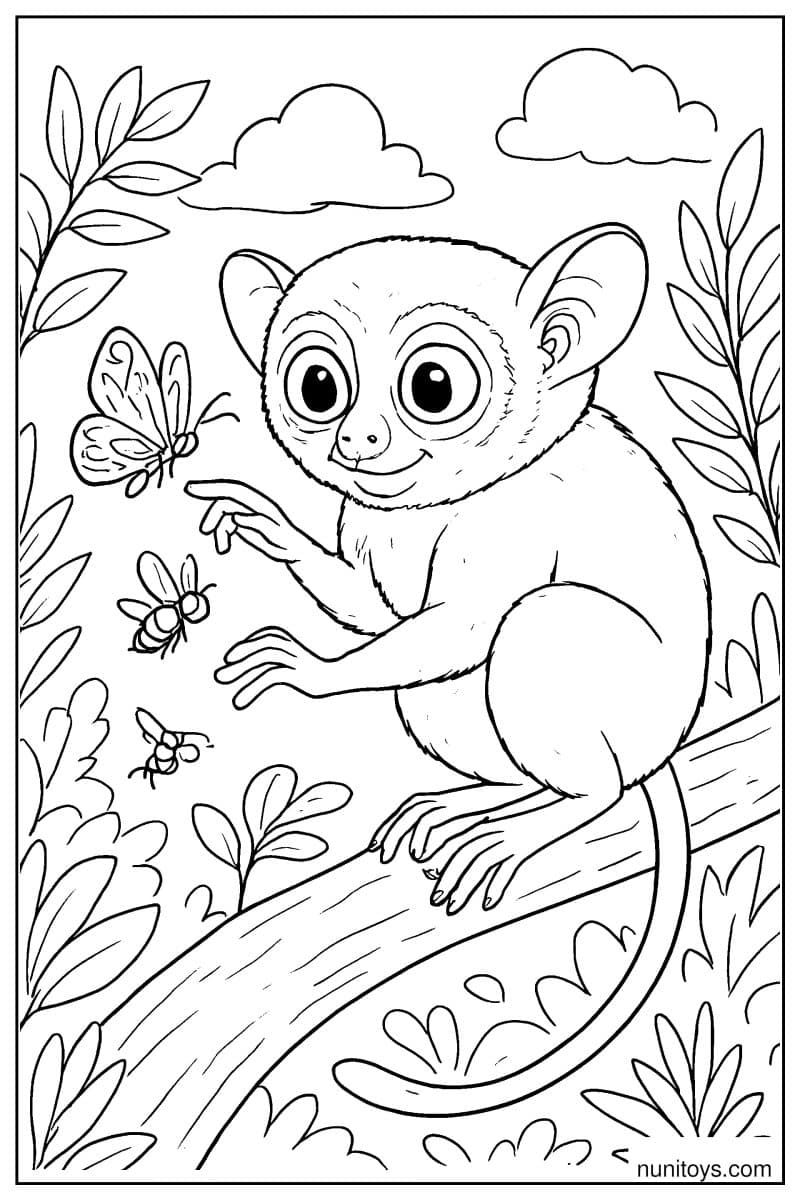 Tarsier Reaching Toward Butterfly Coloring Page - Free PDF