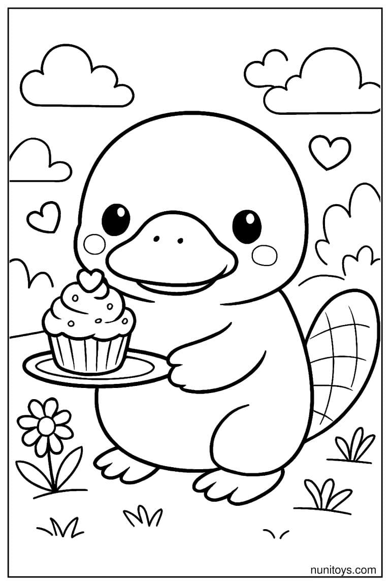 Kawaii Platypus Coloring Page with Cupcake - Free PDF