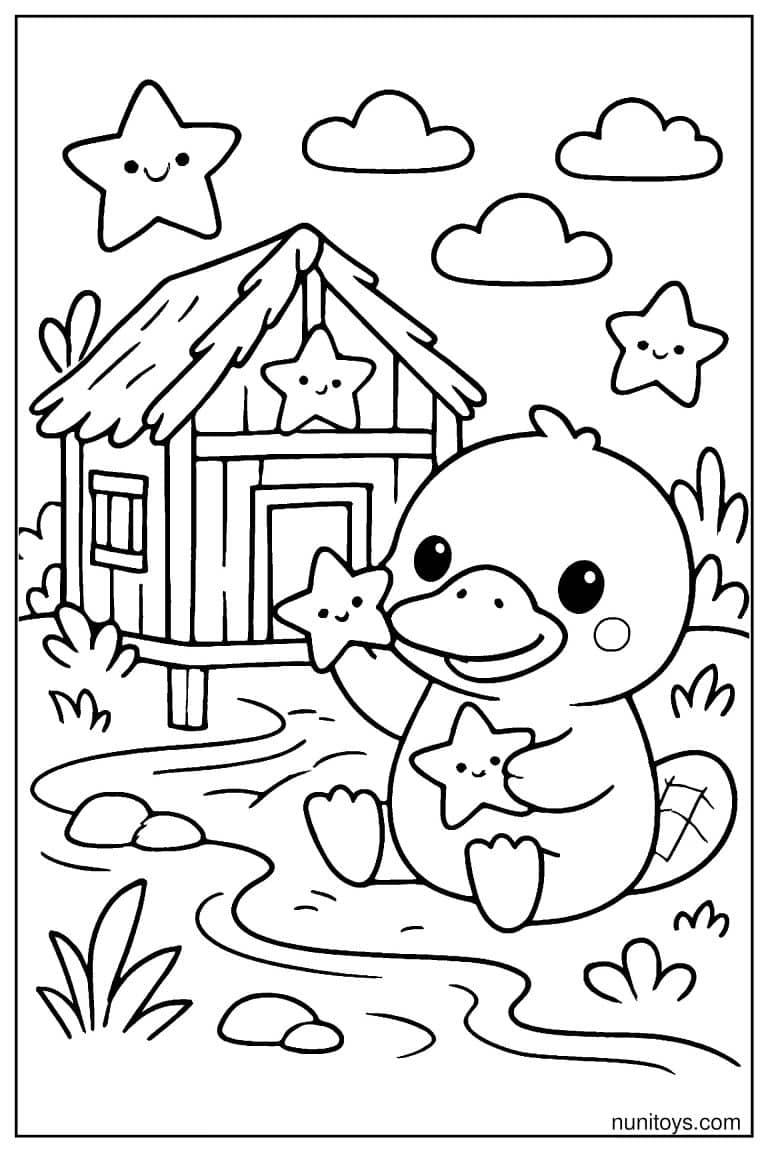 Kawaii Platypus Coloring Page Collecting Stars - Free PDF