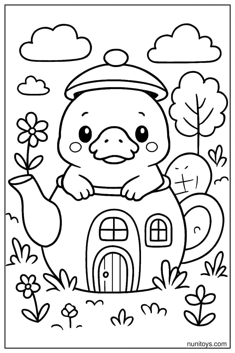 Kawaii Platypus in Teapot House Coloring Page - Free PDF