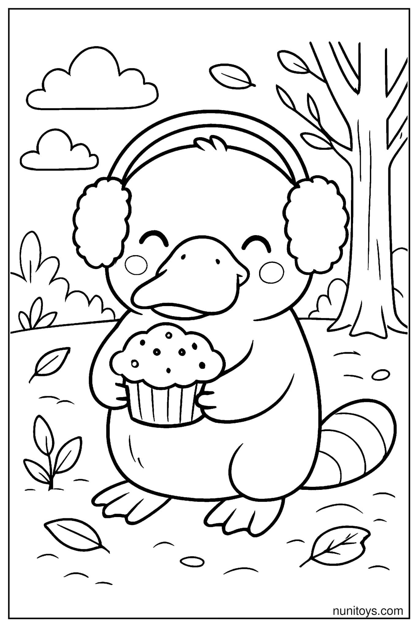 Kawaii Platypus Coloring Page in Earmuffs - Free PDF