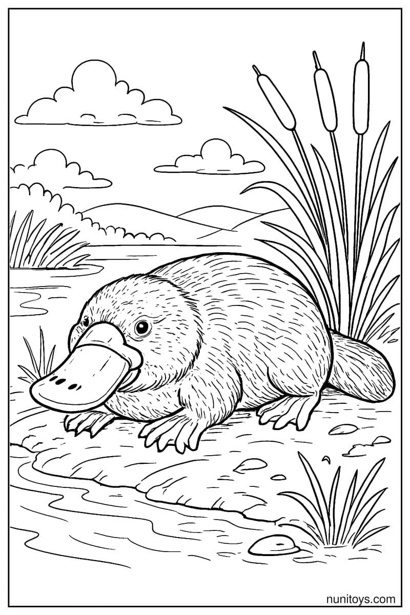 Platypus Resting by Riverbank Coloring Page - Free PDF