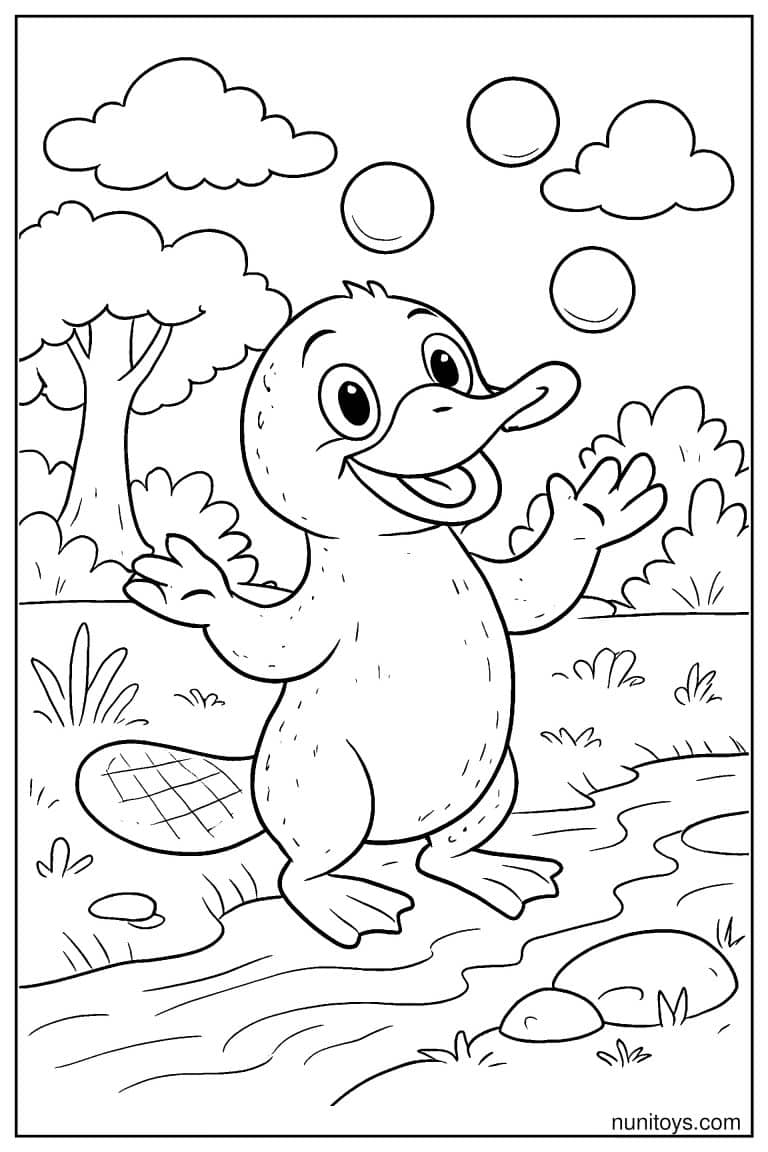 Kawaii Platypus Coloring Page in a Stream - Free PDF