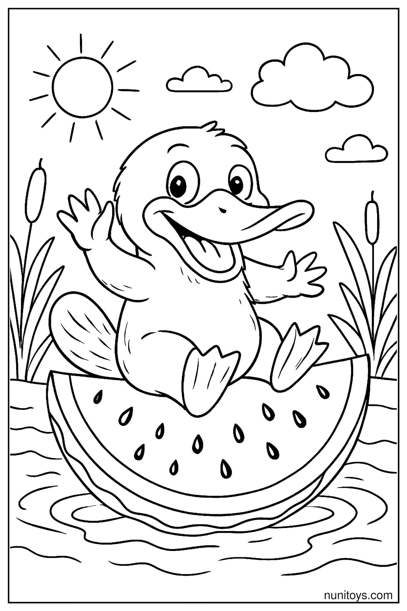 Kawaii Platypus on Watermelon Coloring Page - Free PDF